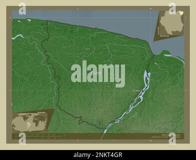 Marowijne, district of Suriname. Colored elevation map with lakes and ...