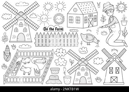 Farmer with farm animals black line drawing cartoon illustration Stock ...