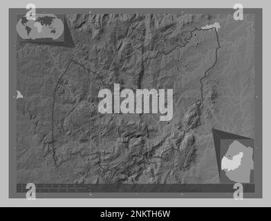 Manzini, district of Eswatini. Grayscale elevation map with lakes and ...