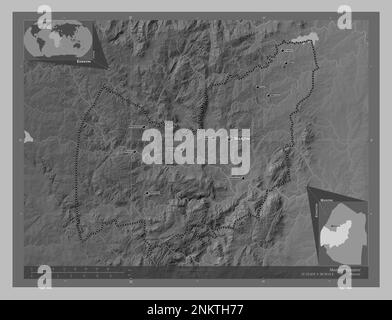 Manzini, district of Eswatini. Grayscale elevation map with lakes and ...