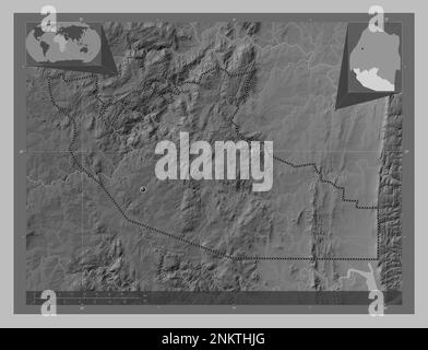 Shiselweni, district of Eswatini. Grayscale elevation map with lakes ...