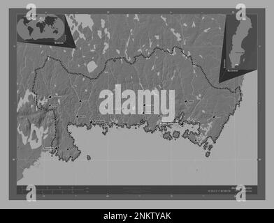 Blekinge, county of Sweden. Bilevel elevation map with lakes and rivers ...