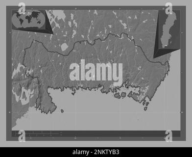 Blekinge, county of Sweden. Bilevel elevation map with lakes and rivers ...