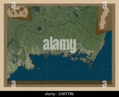 Blekinge, county of Sweden. Low resolution satellite map. Locations of ...