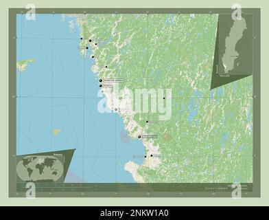 Halland, county of Sweden. Open Street Map. Locations of major cities ...