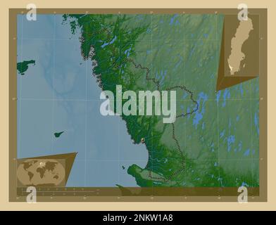 Halland, county of Sweden. Colored elevation map with lakes and rivers ...