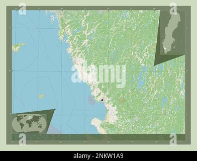 Halland, county of Sweden. Open Street Map. Locations of major cities ...