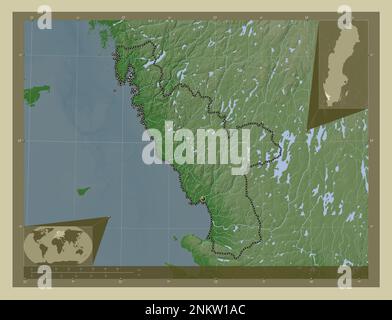 Halland, county of Sweden. Colored elevation map with lakes and rivers ...