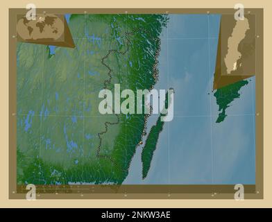 Kalmar, county of Sweden. Colored elevation map with lakes and rivers ...