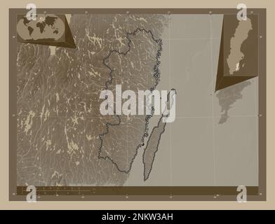 Kalmar, county of Sweden. Colored elevation map with lakes and rivers ...