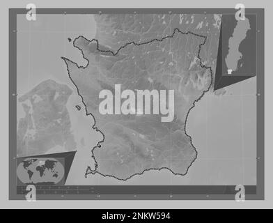 Skane, county of Sweden. Grayscale elevation map with lakes and rivers ...