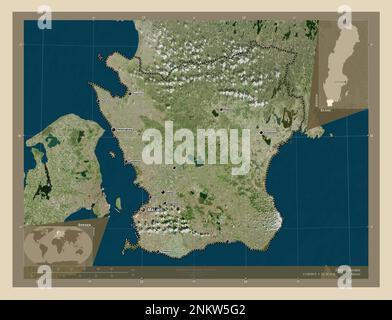 Skane, county of Sweden. High resolution satellite map. Corner ...
