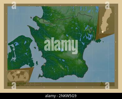 Skane, county of Sweden. Colored elevation map with lakes and rivers ...