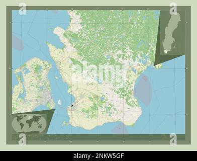Skane, county of Sweden. Open Street Map. Locations and names of major ...
