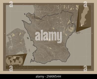 Skane, county of Sweden. Colored elevation map with lakes and rivers ...