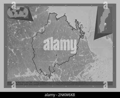 Uppsala, county of Sweden. Grayscale elevation map with lakes and ...