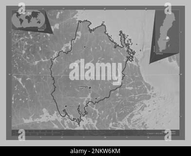 Uppsala, county of Sweden. Grayscale elevation map with lakes and ...