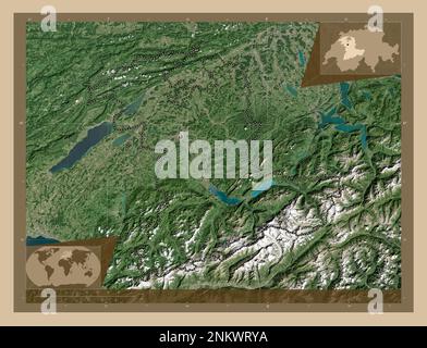 Bern, canton of Switzerland. Low resolution satellite map. Locations of ...