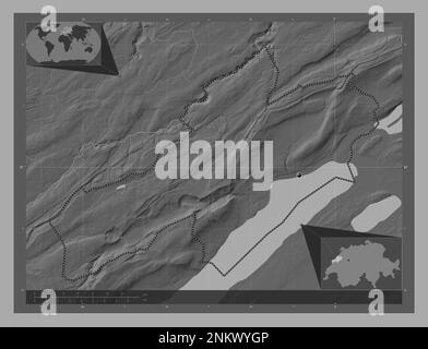 Neuchatel, canton of Switzerland. Bilevel elevation map with lakes and ...