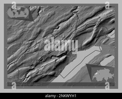 Neuchatel, canton of Switzerland. Grayscale elevation map with lakes ...