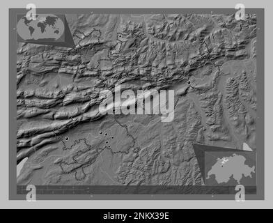 Solothurn, canton of Switzerland. Grayscale elevation map with lakes ...
