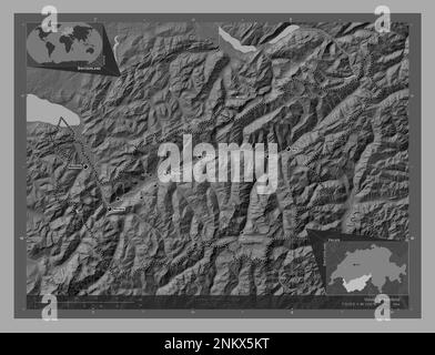 Valais, canton of Switzerland. Bilevel elevation map with lakes and ...