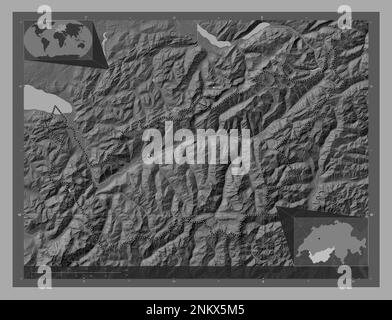 Valais, canton of Switzerland. Bilevel elevation map with lakes and ...