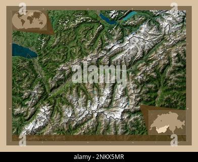 Valais, canton of Switzerland. Low resolution satellite map. Corner ...