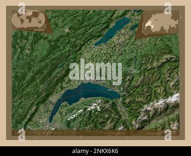 Vaud, canton of Switzerland. Low resolution satellite map. Corner ...