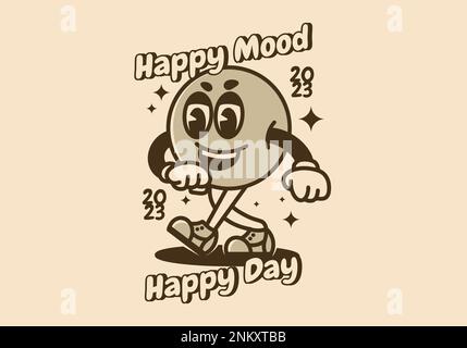 Ball head mascot character walking with happy face, drawing in vintage ...