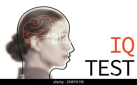 Illustrated head with brain and blurred view of woman on light ...