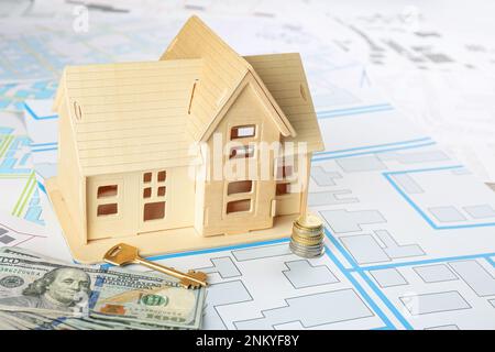 Cartographer with key, house model and money drawing cadastral map ...
