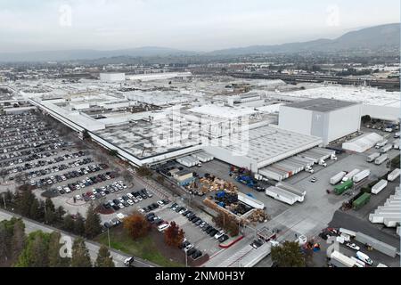 General overall aerial view of Tesla vehicles at the Riverside ...