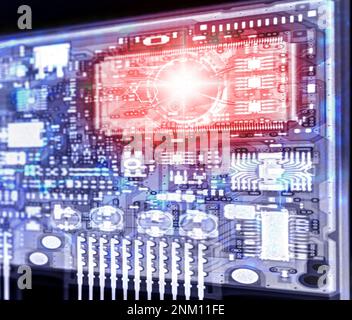 X-ray of The CPU on Circuit board. Blue abstract technology background ...