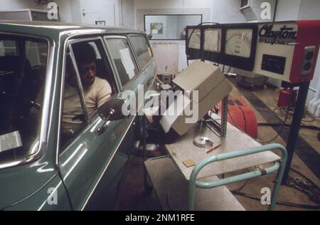 1970s America: Testing a new car in the evaporative emission enclosure ...