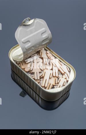 Laser-cut wooden male and female shaped packed into a metal sardine can ...