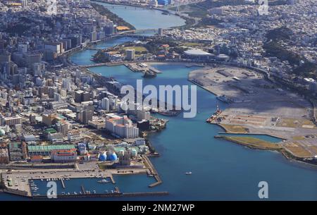 An aerial photo shows Naha Port Facility in Naha City, Okinawa ...