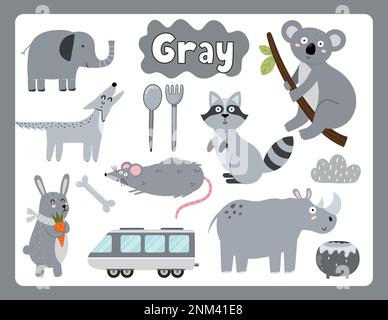 Learning colors. Grey color. Flashcard for kids. Cute cartoon ...