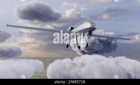 3D animation of military drone flight. Combat drone on military mission ...