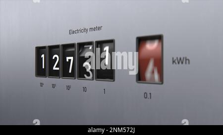 3D animation of electricity meter. Close-up view of kWh counter ...