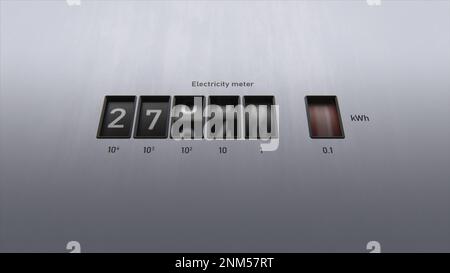 3D animation of electricity meter. Close-up view of kWh counter ...