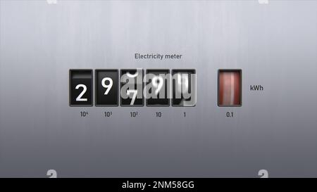 3D animation of electricity meter. Close-up view of kWh counter ...