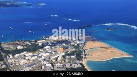 An aerial photo shows a landfill work at a coastal area of Henoko in ...