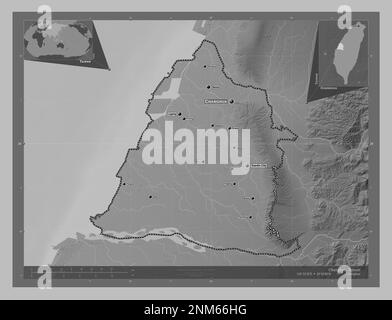 Changhua, county of Taiwan. Grayscale elevation map with lakes and ...