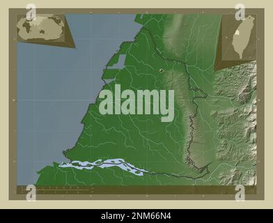 Changhua, county of Taiwan. Colored elevation map with lakes and rivers ...