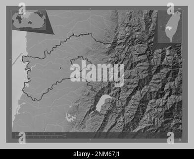 Chiayi, county of Taiwan. Grayscale elevation map with lakes and rivers ...