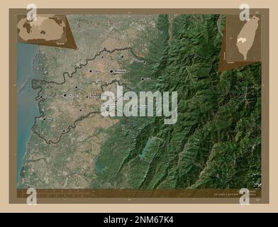 Chiayi, county of Taiwan. Low resolution satellite map. Locations of ...