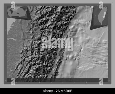 Hualien, county of Taiwan. Bilevel elevation map with lakes and rivers ...