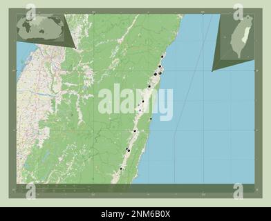 Hualien, county of Taiwan. Open Street Map. Locations and names of ...