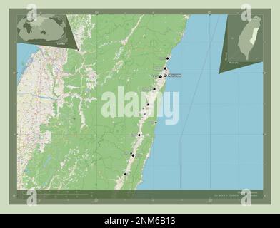Hualien, county of Taiwan. Open Street Map. Locations of major cities ...